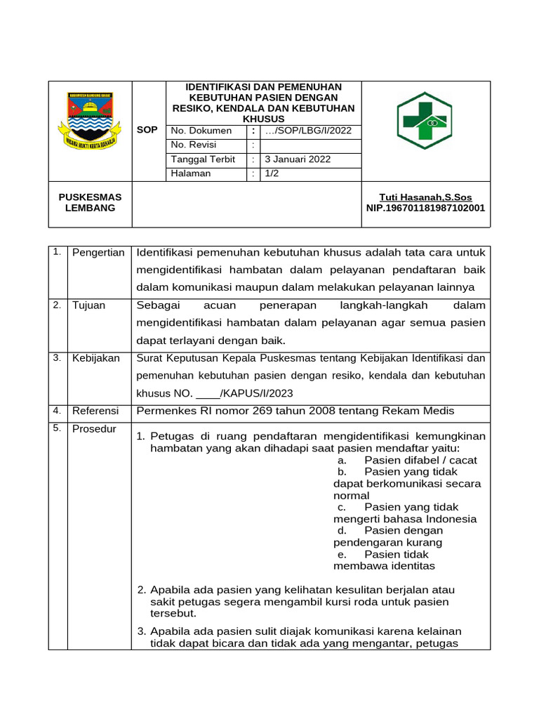A.2 Sop Identifikasi Dan Pemenuhan Kebutuhan Pasien Dengan Resiko Kendala Dan Kebutuhan Khusus | PDF