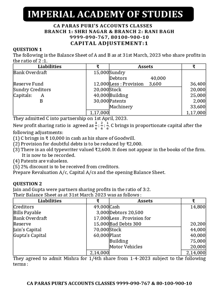 Ca PP Assignment Capital Adj 1 & 2 | PDF | Balance Sheet | Goodwill (Accounting)