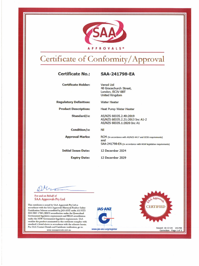 RCM & SAA Certificate 241798 Versol Heat Pump-1 | PDF