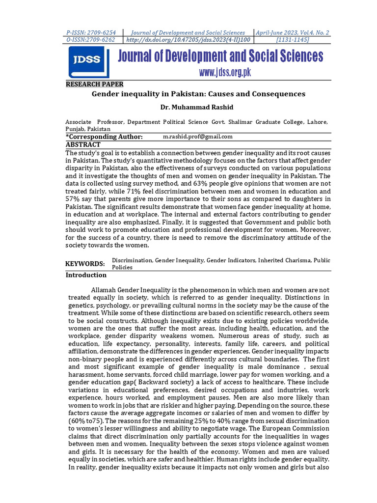 Gender Inequality in Pakistan: Causes and Consequences: Research Paper ...