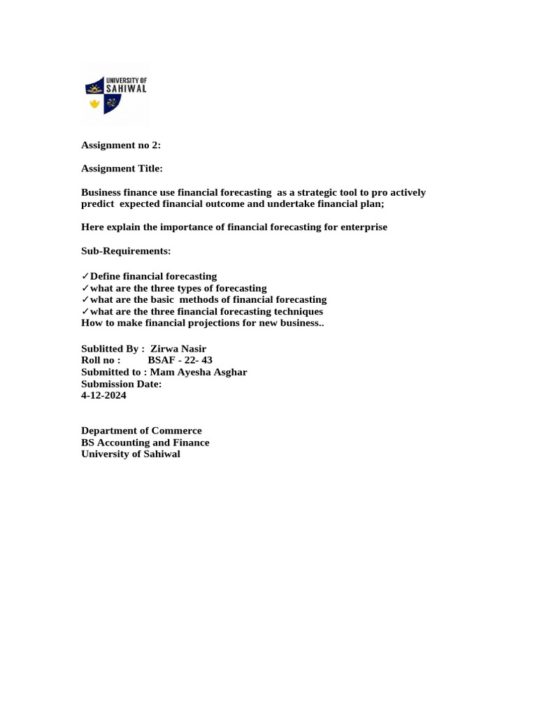 Zirwa Assignment No 2 | PDF | Forecasting | Expense