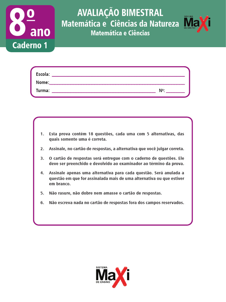 Sistema Maxi - EF II - Matemática e Ciências da Natureza - 8º ano - Caderno 1 - 2023 | PDF ...