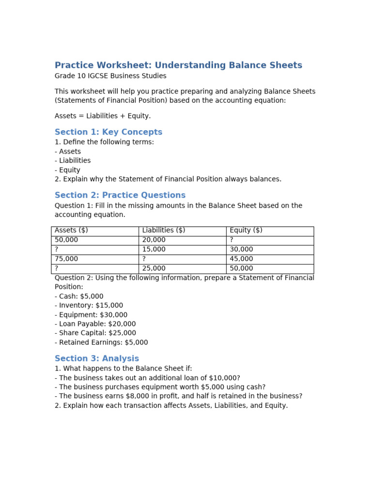 Balance Sheet Practice Worksheet for IGCSE | PDF