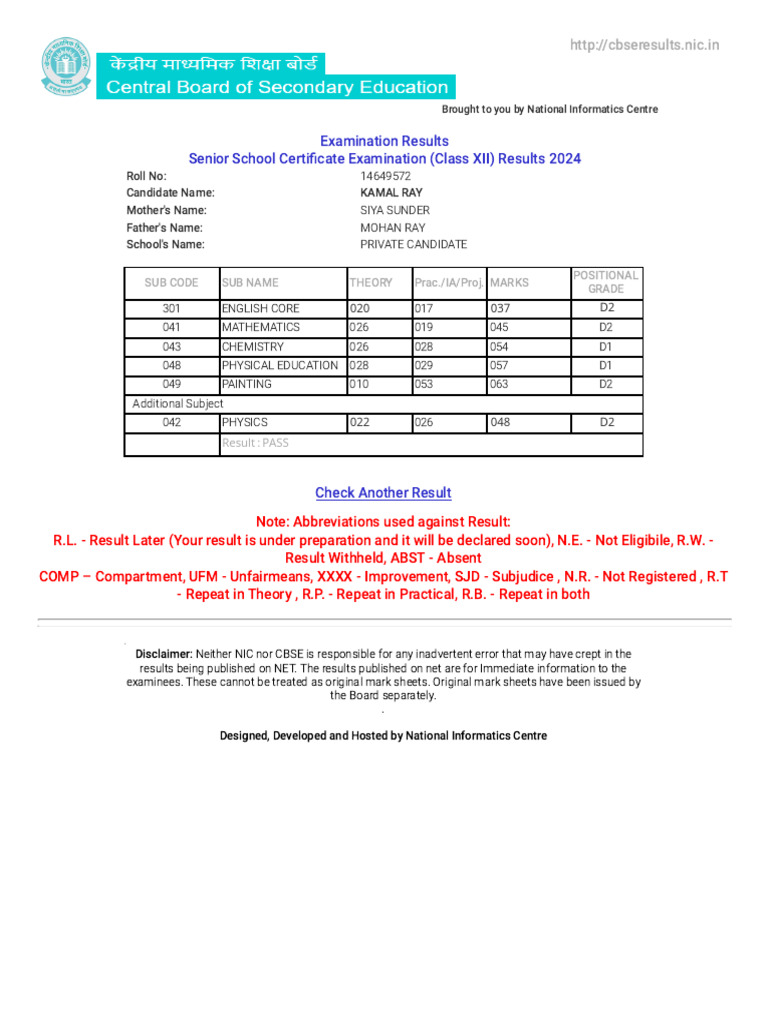 CBSE - Senior School Certificate Examination (Class XII) Results 2024 ...