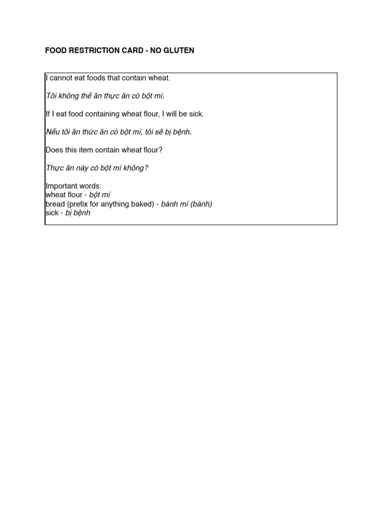 Food Restriction Card No Gluten | PDF