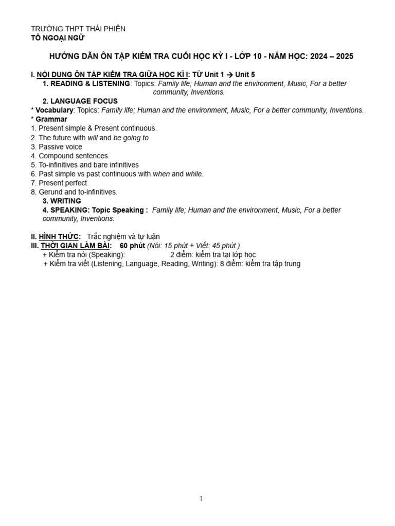 TIẾNG ANH - LỚP 10 - HD ÔN TẬP KT CK1 - 24-25 | PDF | E Reader | 3 D Printing