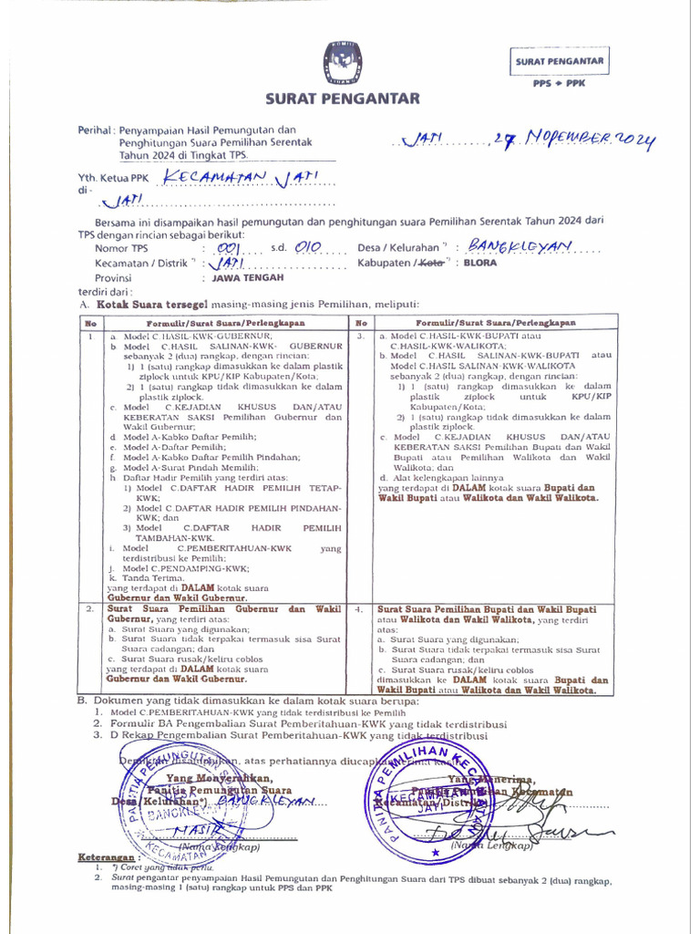 Surat Pengantar PPS KE PPK & KPPS KE PPS BANGKLEYAN | PDF