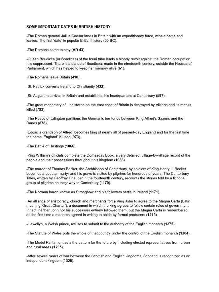 Some Important Dates in British History | PDF | Kingdom Of England ...