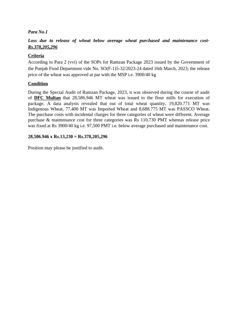 Os Dfc Multan Special Audit On Free Atta 2023 Pdf Taxes Expense