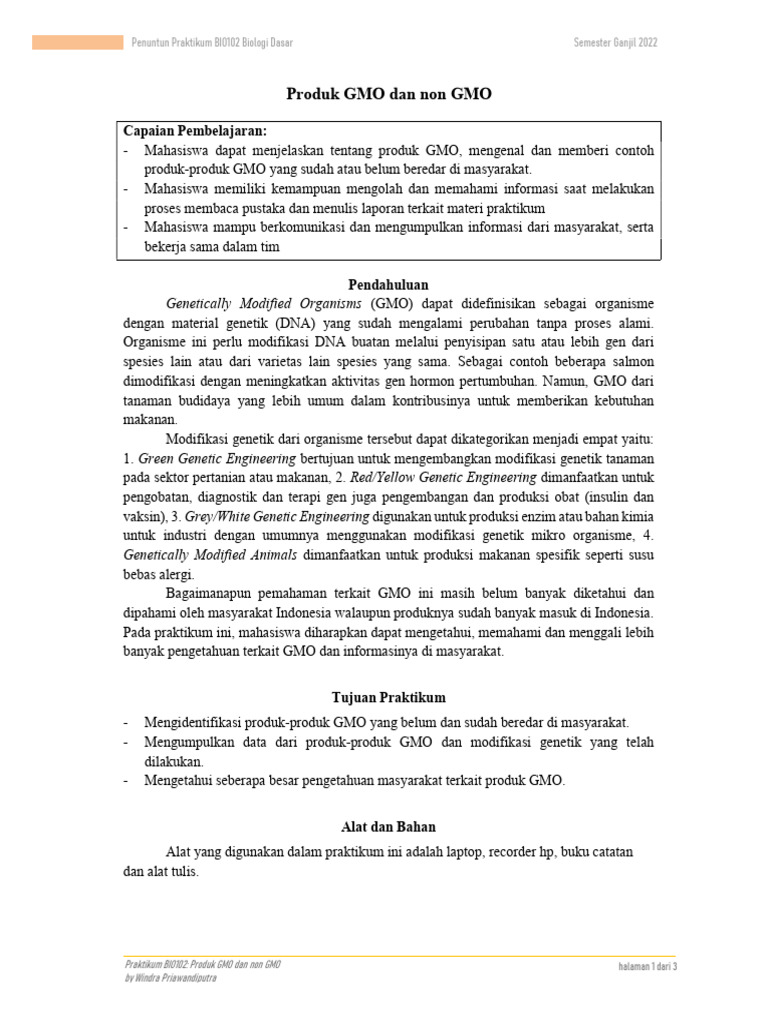 BIO1102 - 06b - PENUNTUN PRAKTIKUM - Produk GMO Dan Non GMO | PDF