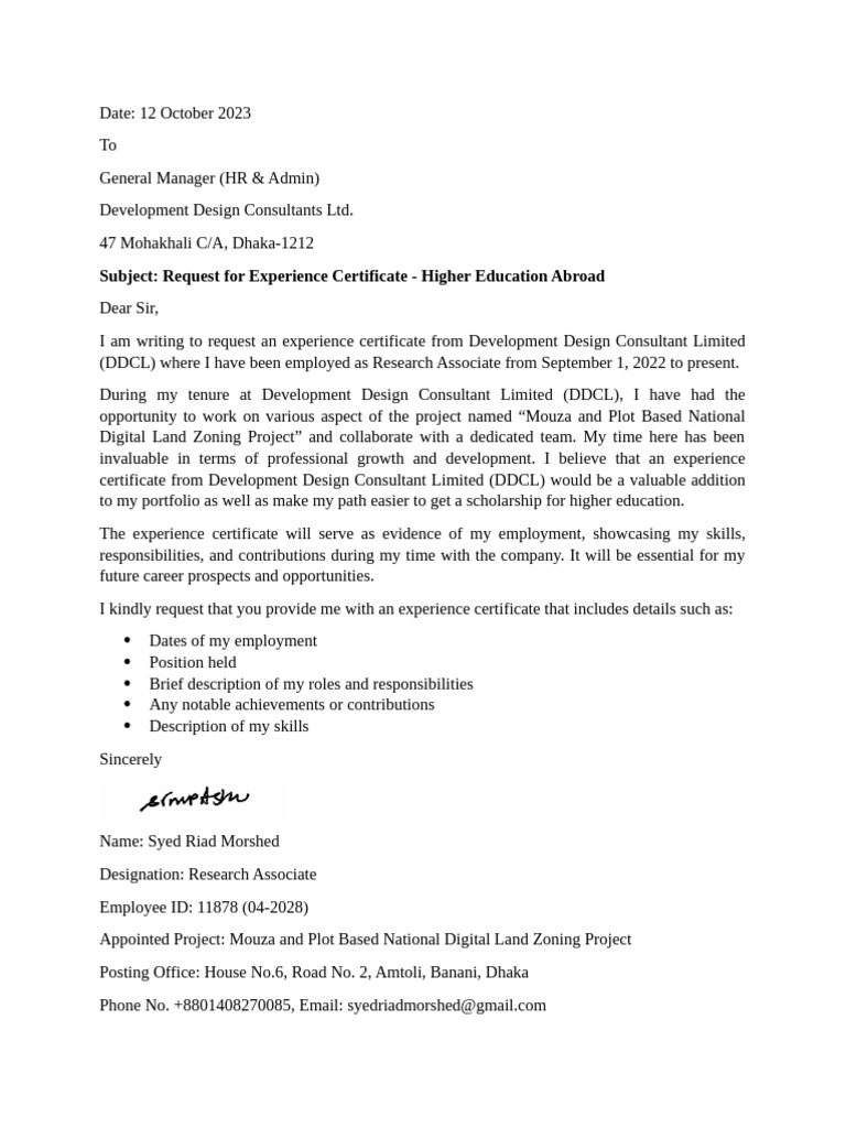 Application For Experience Certificate | PDF