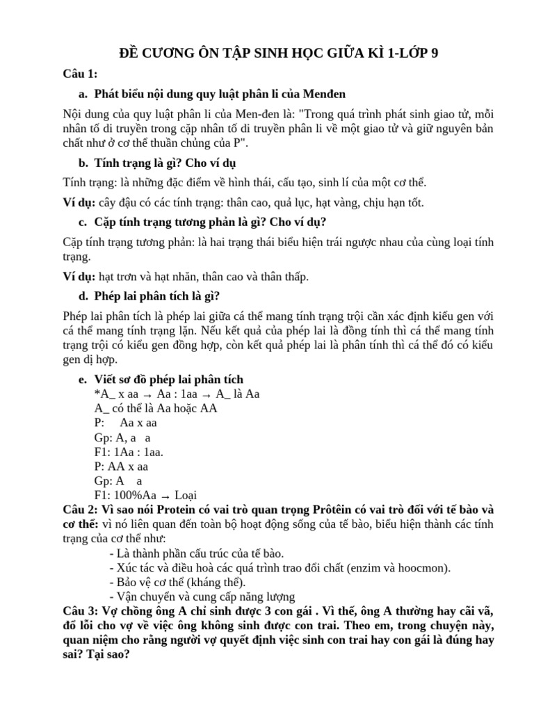 ĐỀ CƯƠNG SINH GK1 - Sao chép | PDF