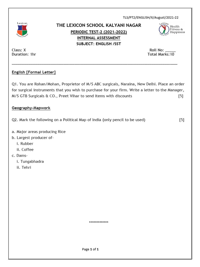 English - SST - Class - X - Internal Assessment - PT2 - 2021-22 | PDF