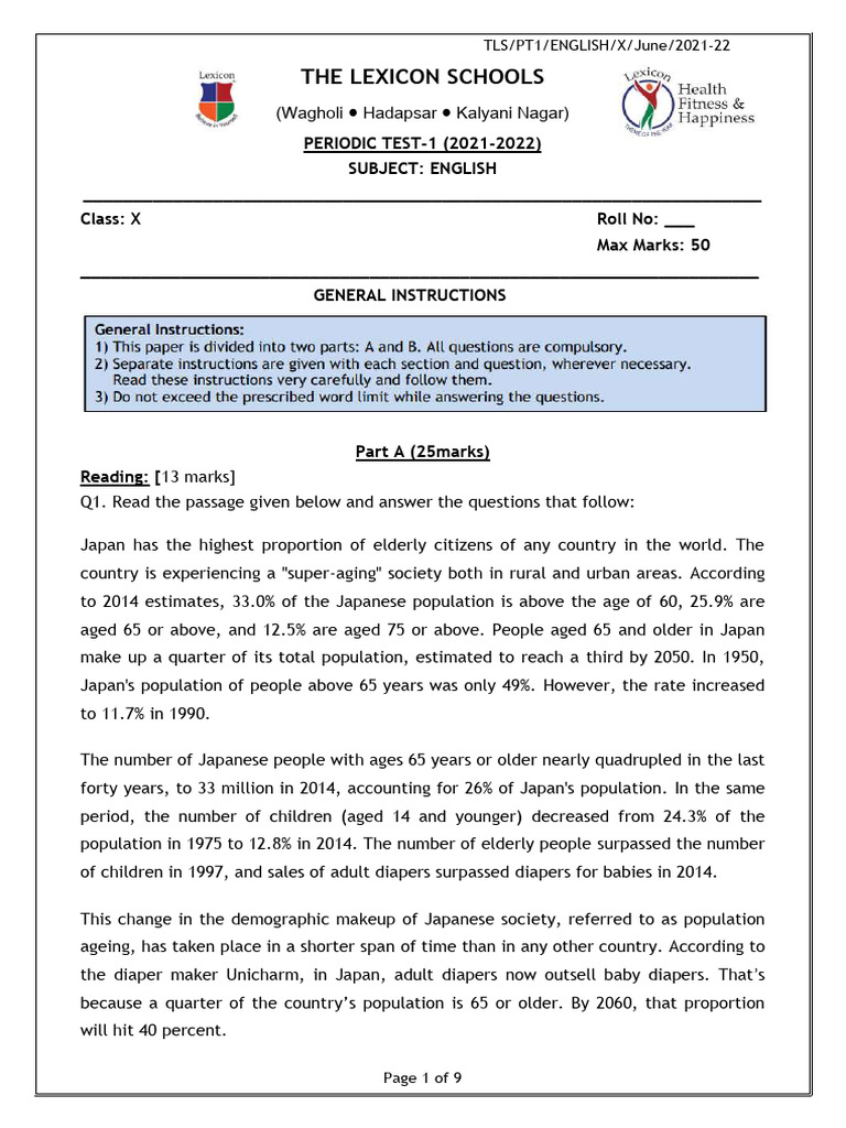 01-TLS - CL-X - English - Periodic Test 1 - QP - June 2021-22 | PDF ...