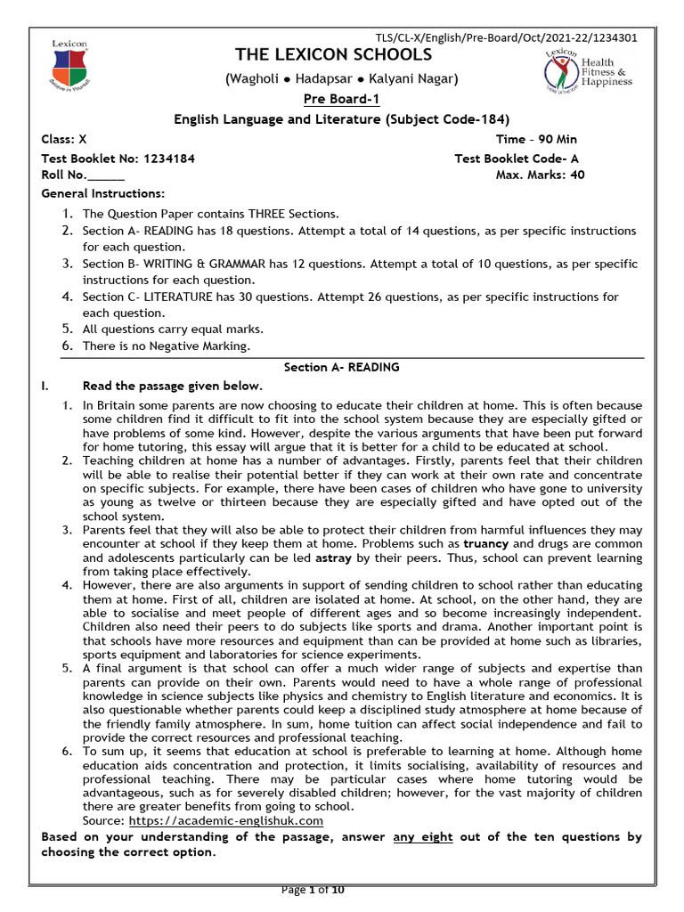 TLS CI X English Pre Board Term 1 Q.P | PDF | Science | Learning