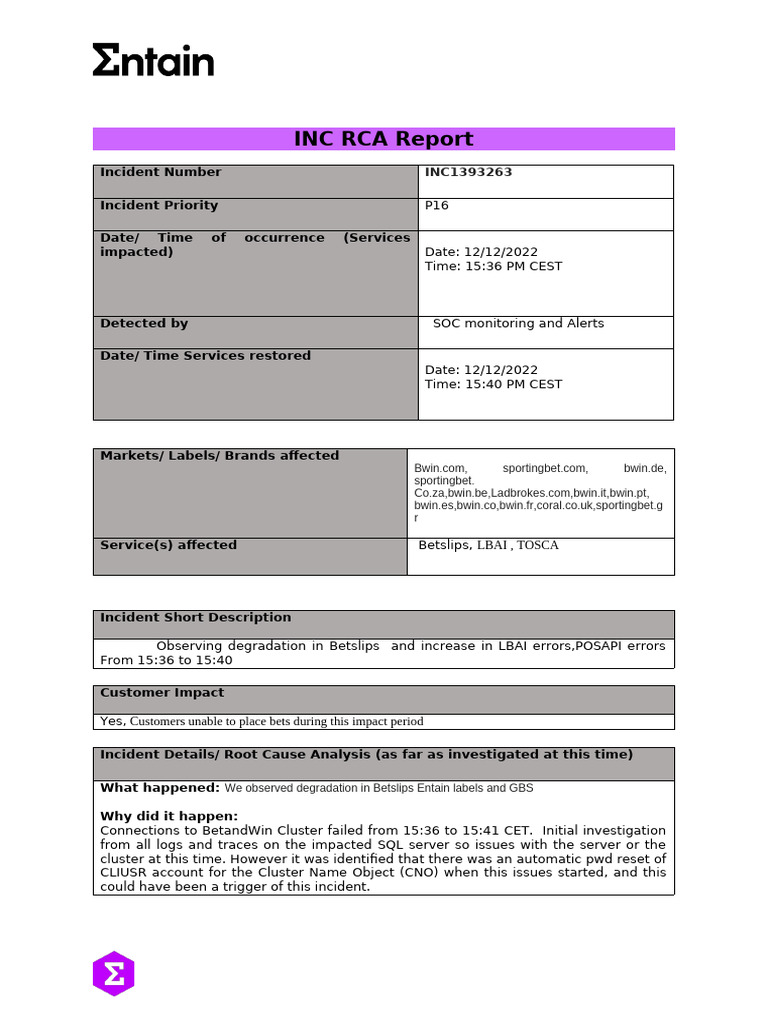 RCA Report 20221212 INC1393263 | PDF | Microsoft Sql Server | Data ...