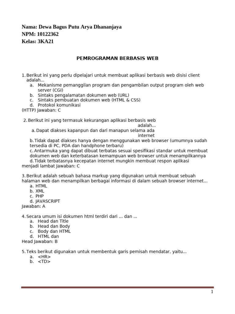 Dewa Bagus Putu Arya Dhananjaya - 3KA21 - 10122362 - Pemrograman Berbasis Web | PDF