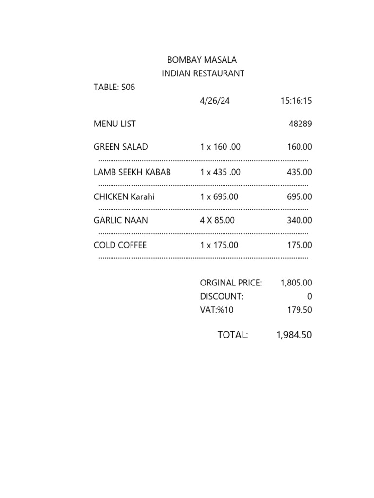 Bombay Masala Menu and Pricing Details | PDF