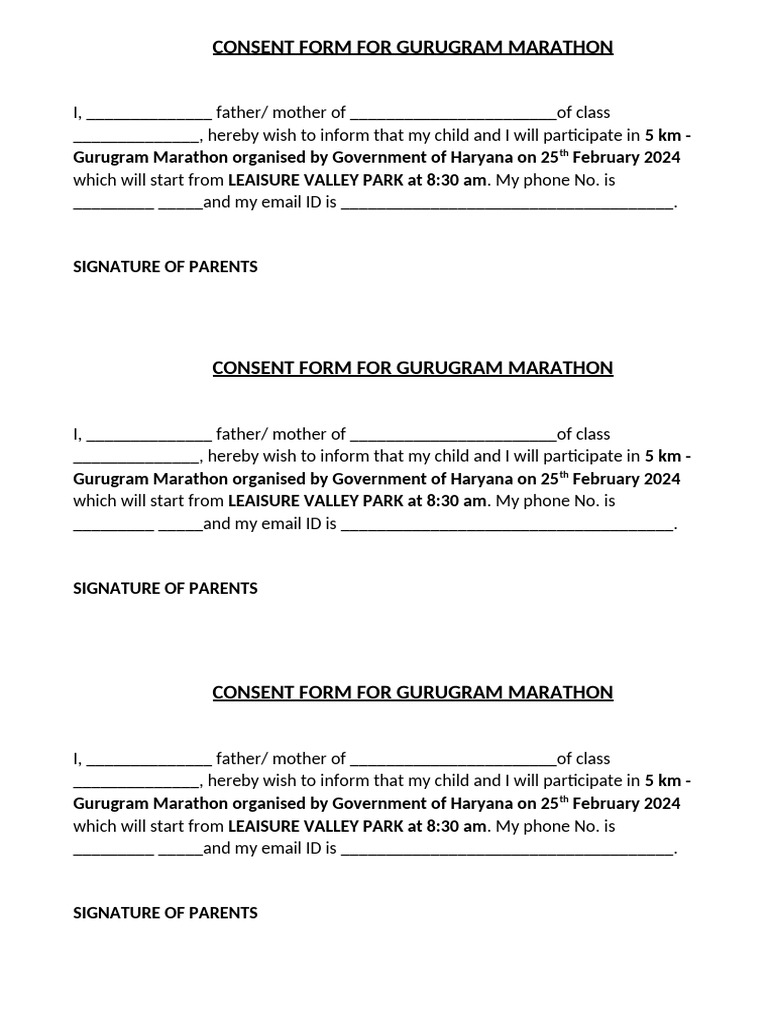 Consent Form For Gurugram Marathon | PDF