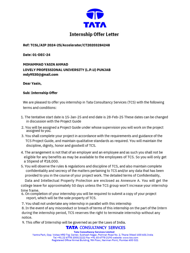 TCS Internship Offer Letter 2024-25 | PDF | Intellectual Property ...