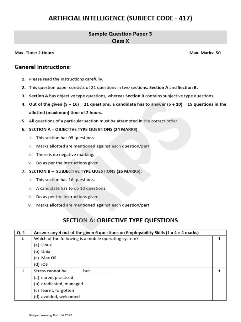 Class 10 AI Sample Question Paper | PDF | Machine Learning | Accuracy ...