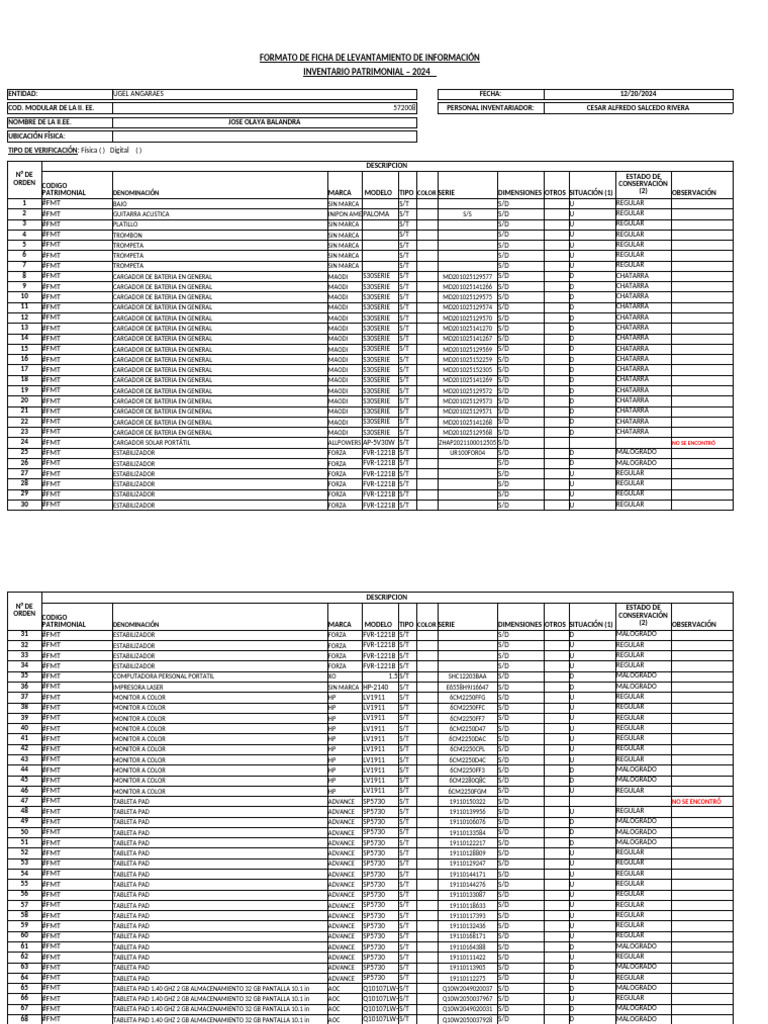 Ficha de Levantamiento de Información de Inventario Patrimonial 2022 | PDF | Ciencias de la ...