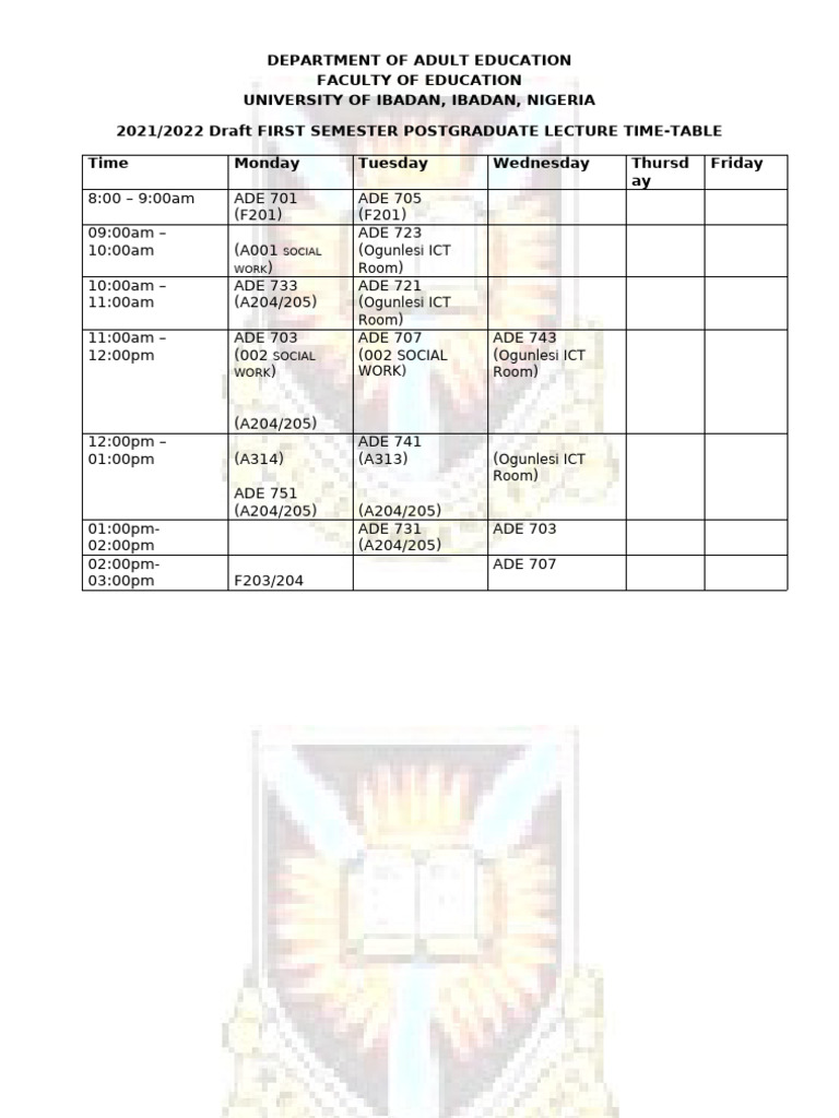 First Semester Postgraduate Lecture Time-Table | PDF