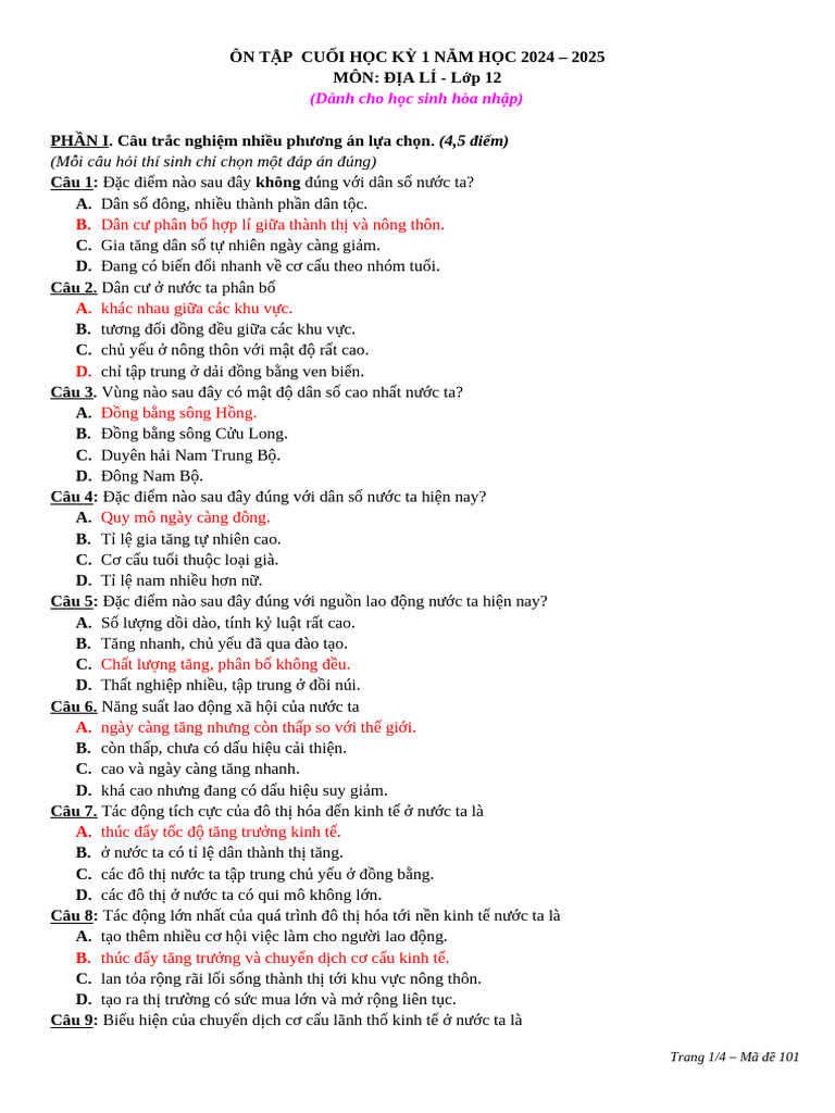 Địa Lí 12 - ON TAP - HK1 24-25 Hoa Nhap - dap An | PDF