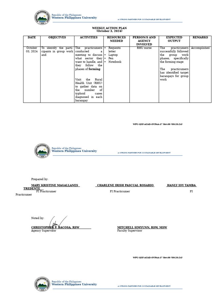 Weekly Action Plan for Group Work | PDF