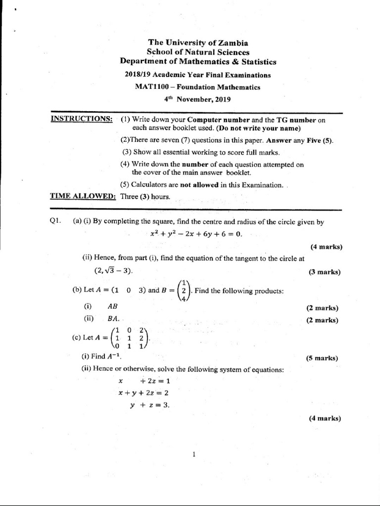Math 1100 (2018 Exam) Unza Link | PDF