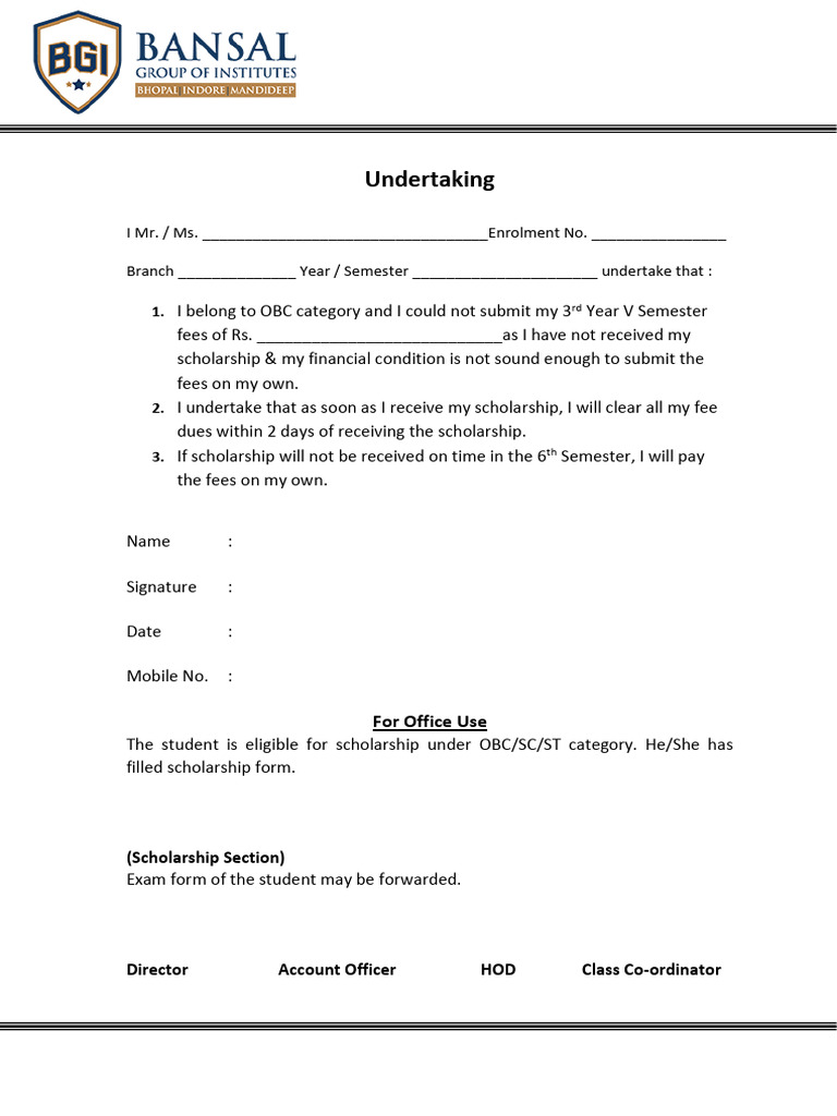 OBC Fee Undertaking Form Template | PDF