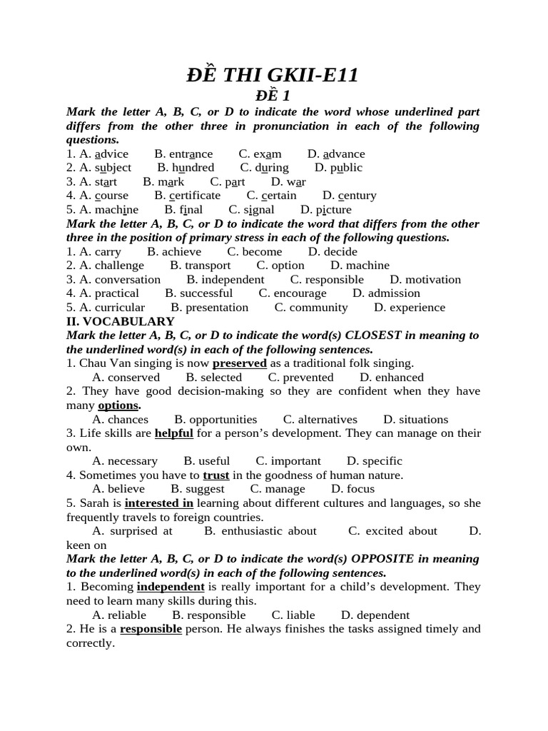 ĐỀ THI GKII E11 PHẦN 1 | PDF | Adolescence | Vocational Education