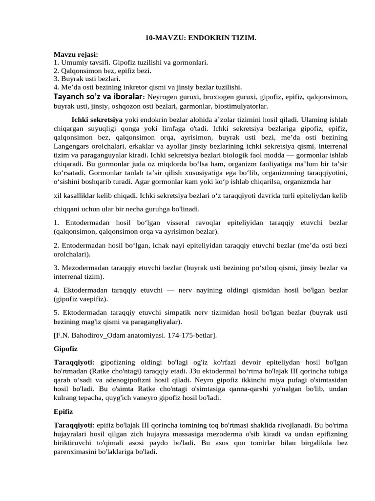 Tayanch So'z Va Iboralar: 10-Mavzu: Endokrin Tizim. Mavzu Rejasi | PDF