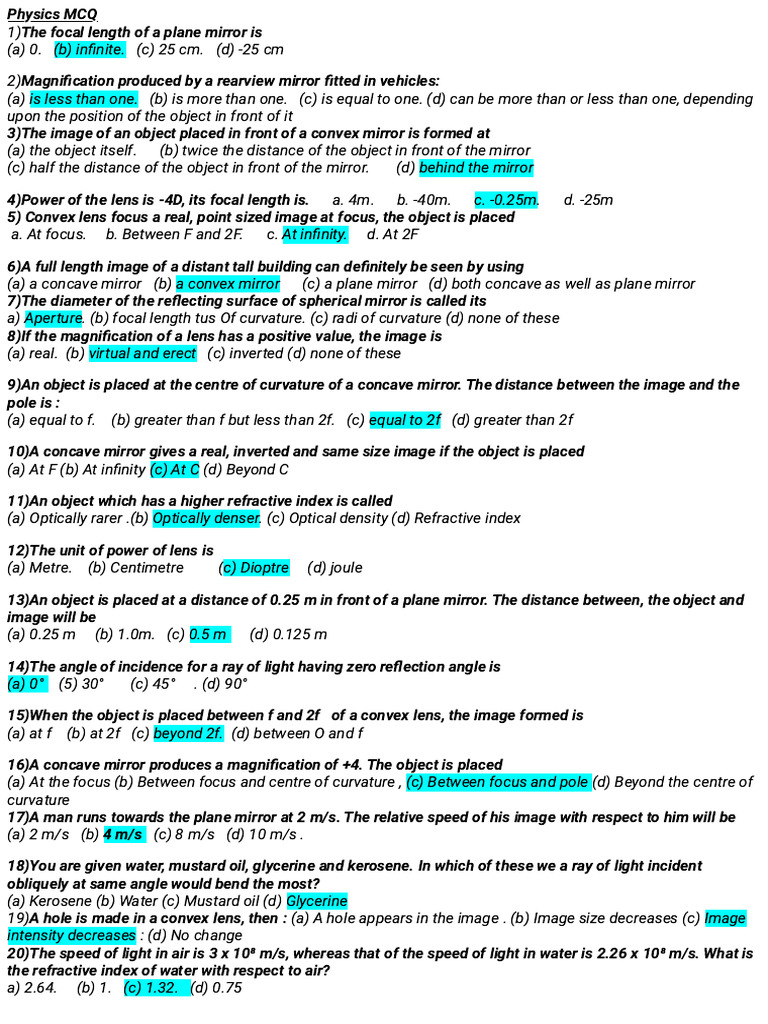 MCQ -phy | PDF | Mirror | Optics