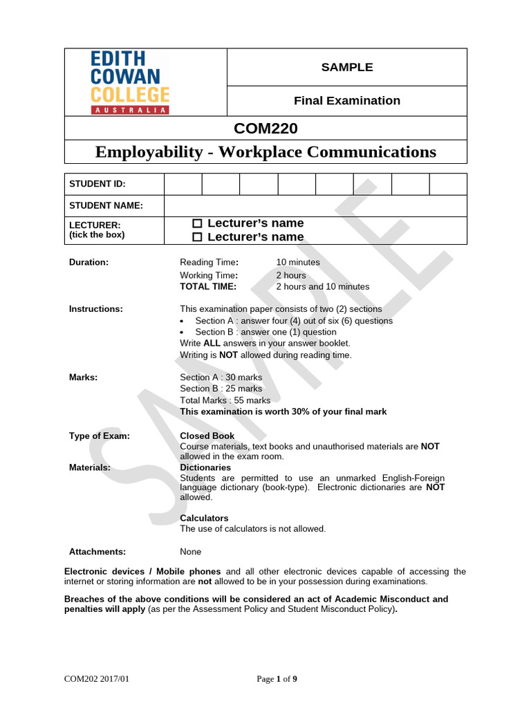 COM EXAM SAMPLE | PDF | Human Communication