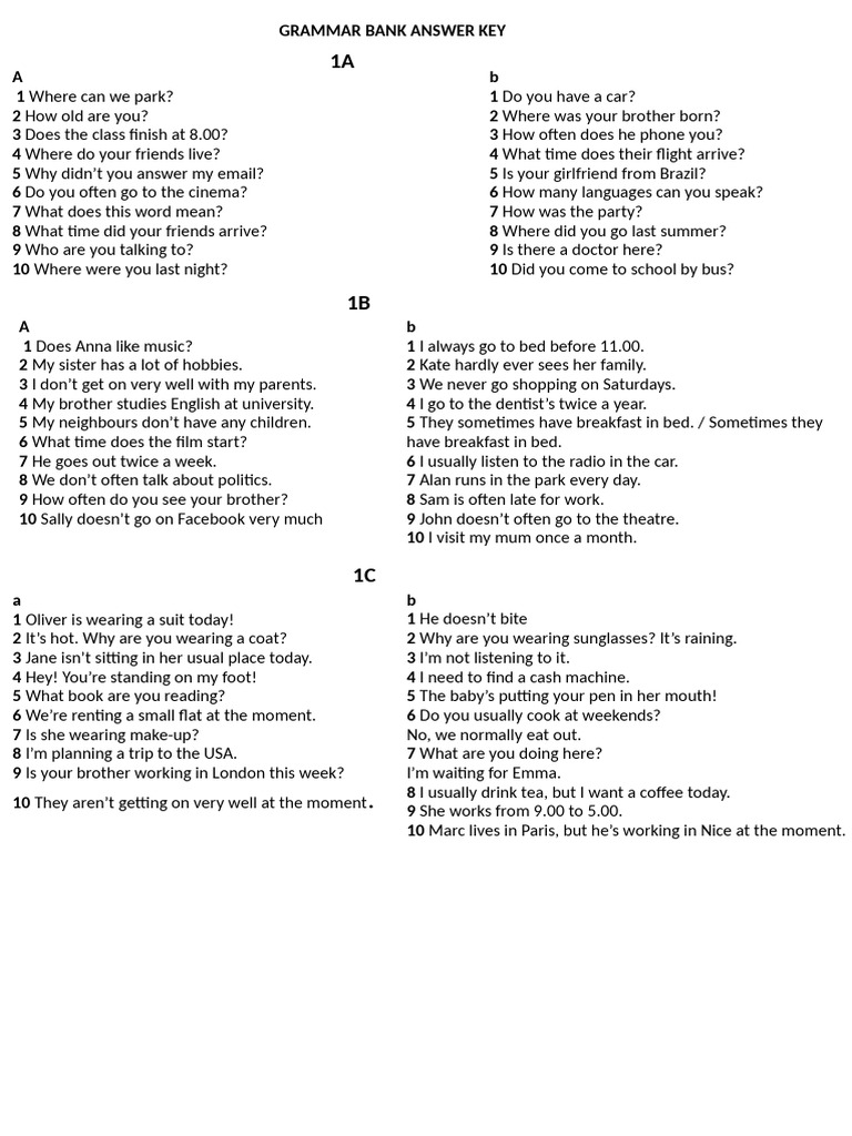 Grammar Bank Answer Key 4 | PDF