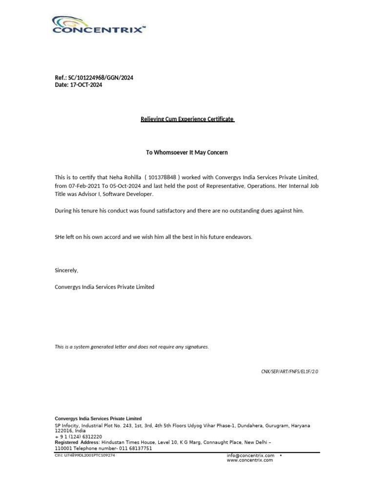 Concentrix Experience Letter | PDF