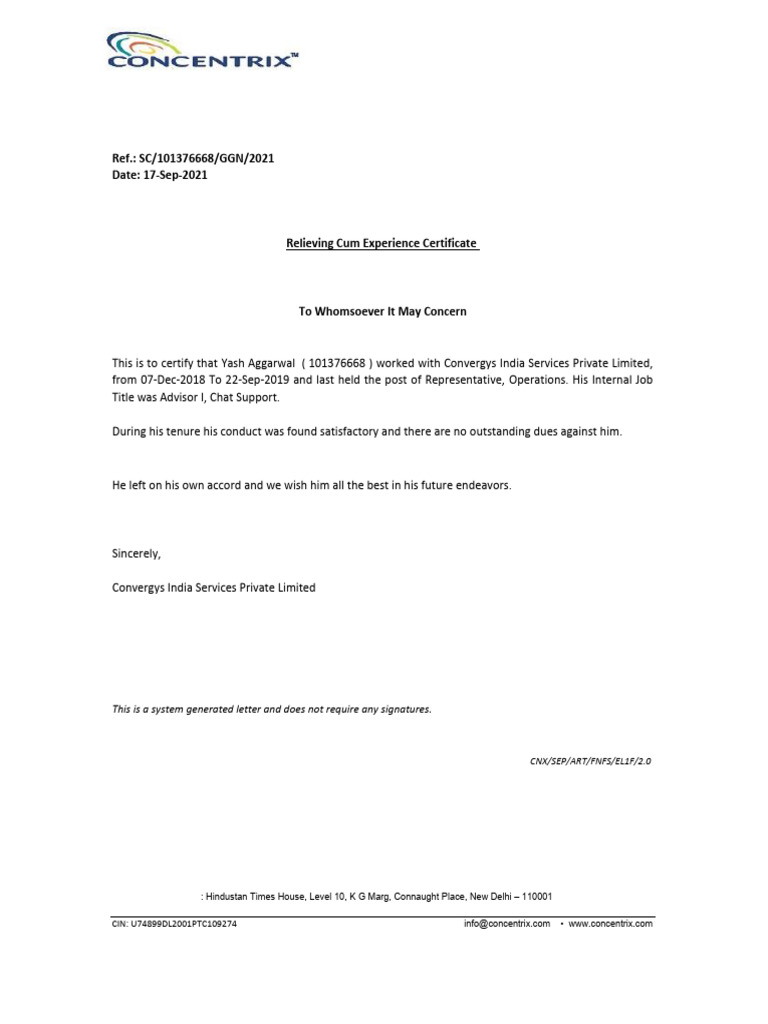 Concentrix Experience Certificate for Yash Aggarwal | PDF