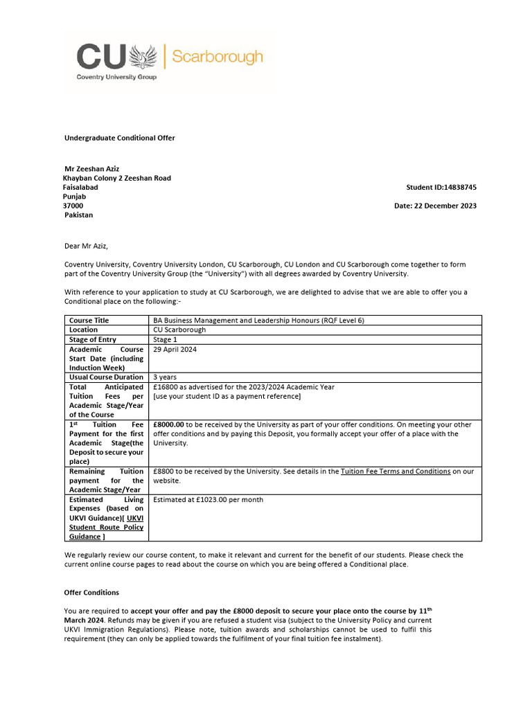 Zeeshan Aziz 14838745 CUSCU046 4 - 2024 Offer Letter | PDF | Tuition ...