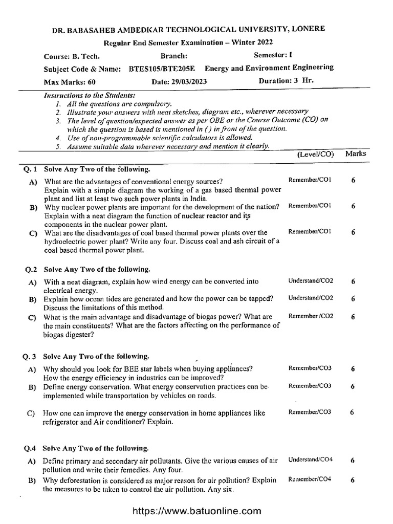 Btech 1 Year Energy and Environment Engineering Mar 2023 | PDF
