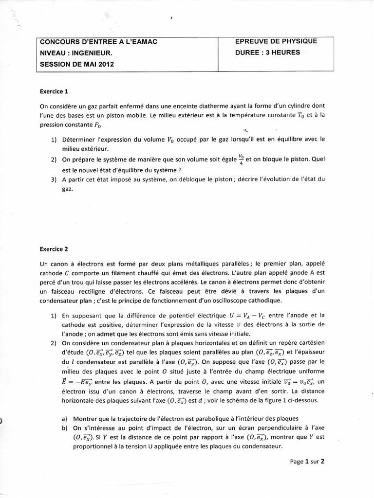 Epreuves Concours EAMAC 2012 Physique | PDF
