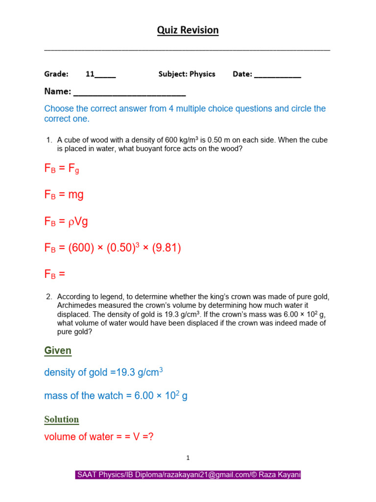 Buoyant Force Calculations Quiz | PDF | Buoyancy | Density
