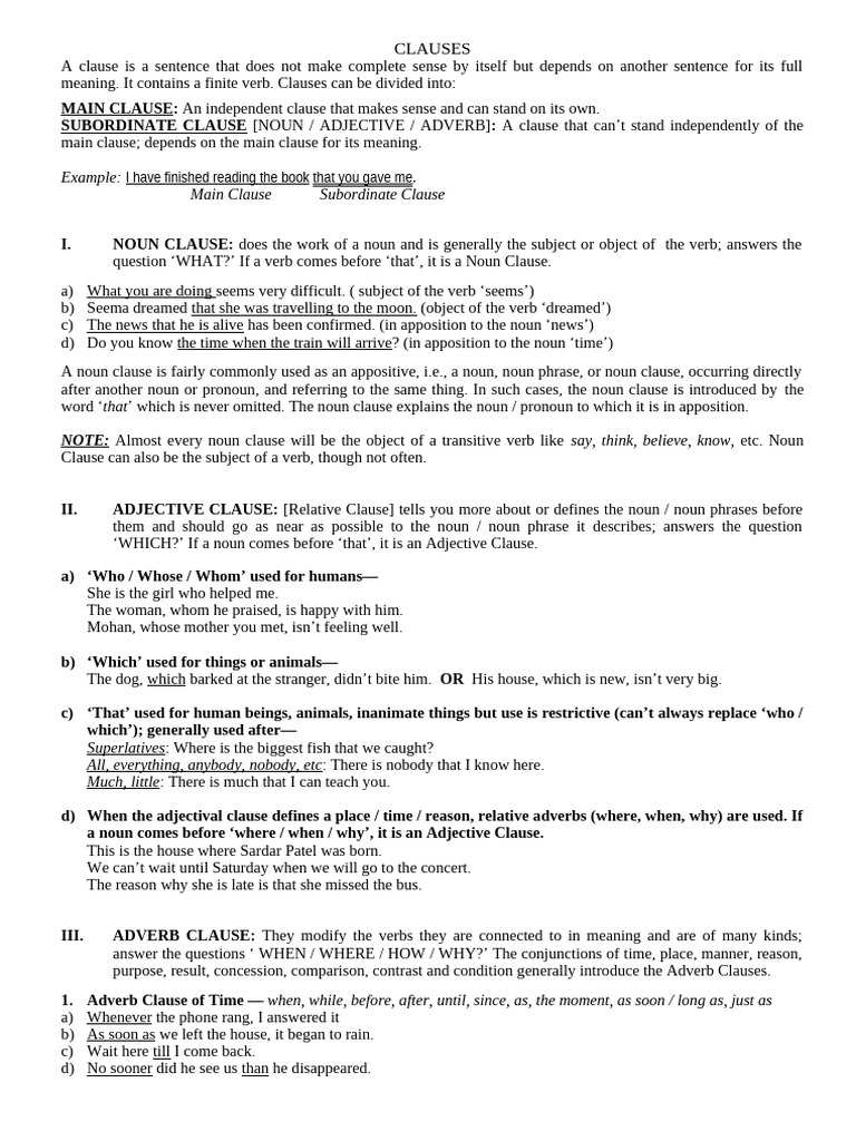 Clauses Notes and Examples | PDF | Verb | Clause