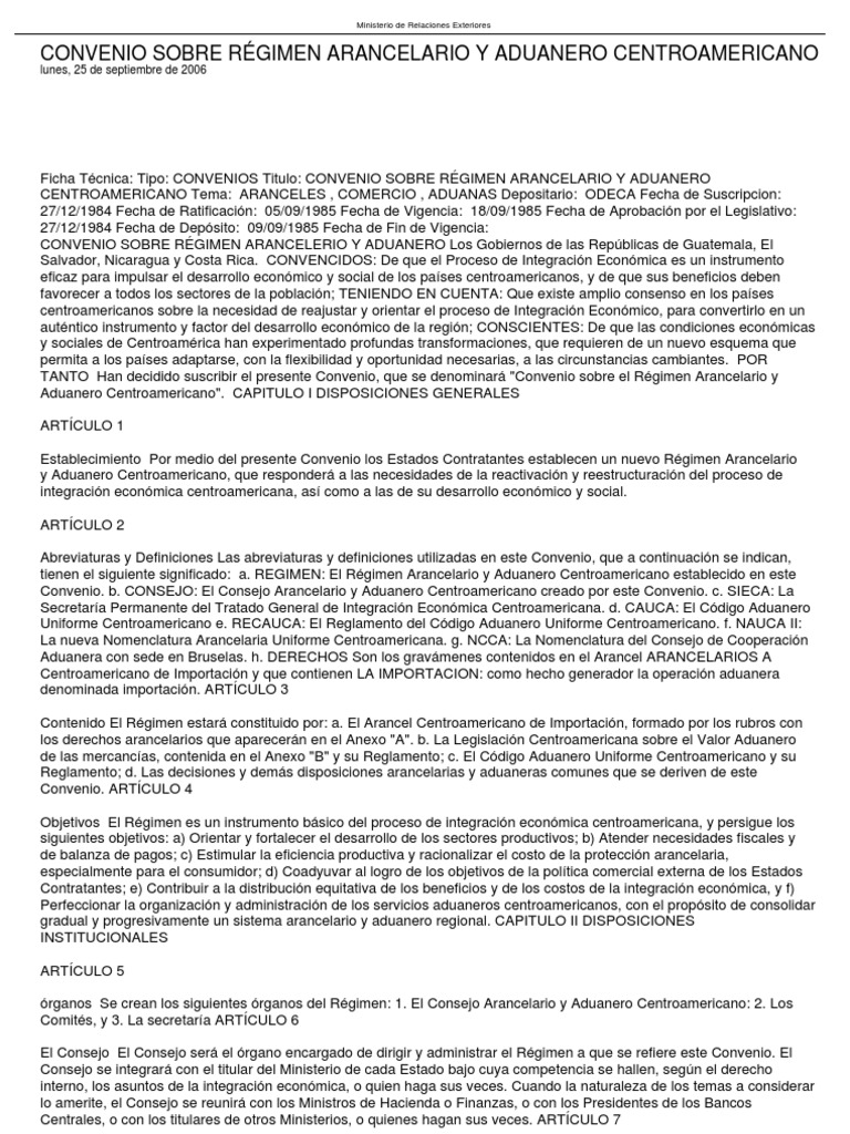Convenio Sobre Régimen Arancelario Y Aduanero Centroamericano Pdf