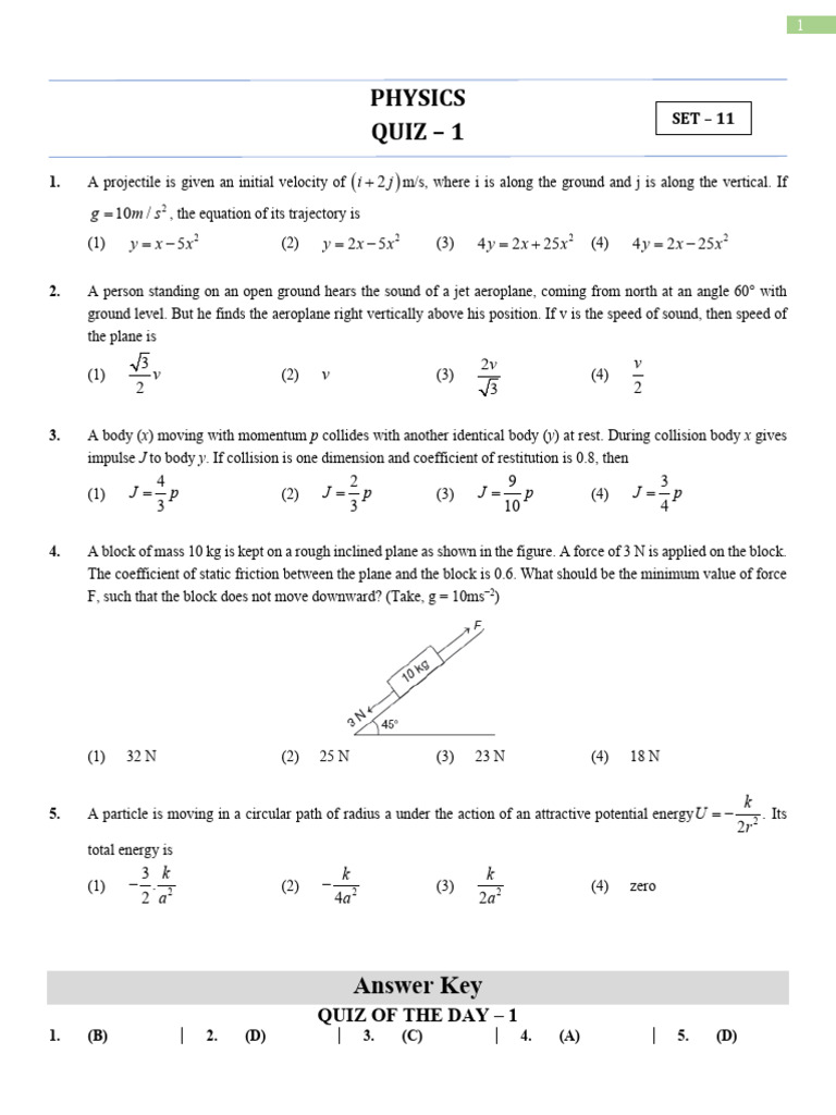 Set_11_Quiz_1_Physics_Quiz_Vidyapeeth_Gulhan_Jha_Sir_&_MR_Sir_Kazim | PDF | Force | Collision