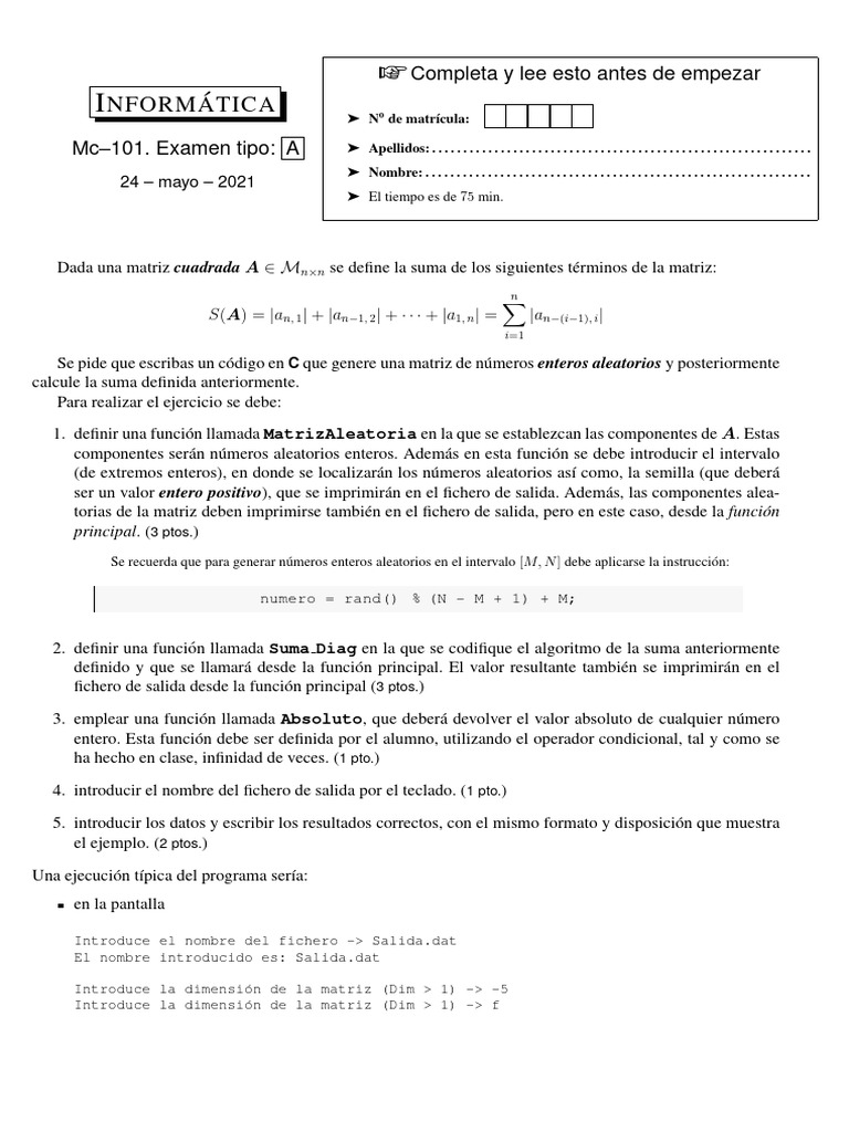 Prueba2 M101A | PDF | Matriz (Matemáticas) | Algoritmos