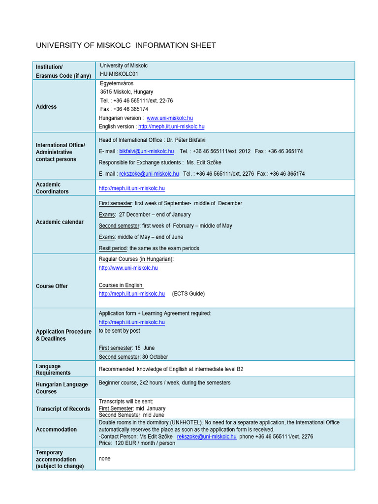 Hu Miskolc01 2020.01 Fact Sheet | PDF | Academic Term