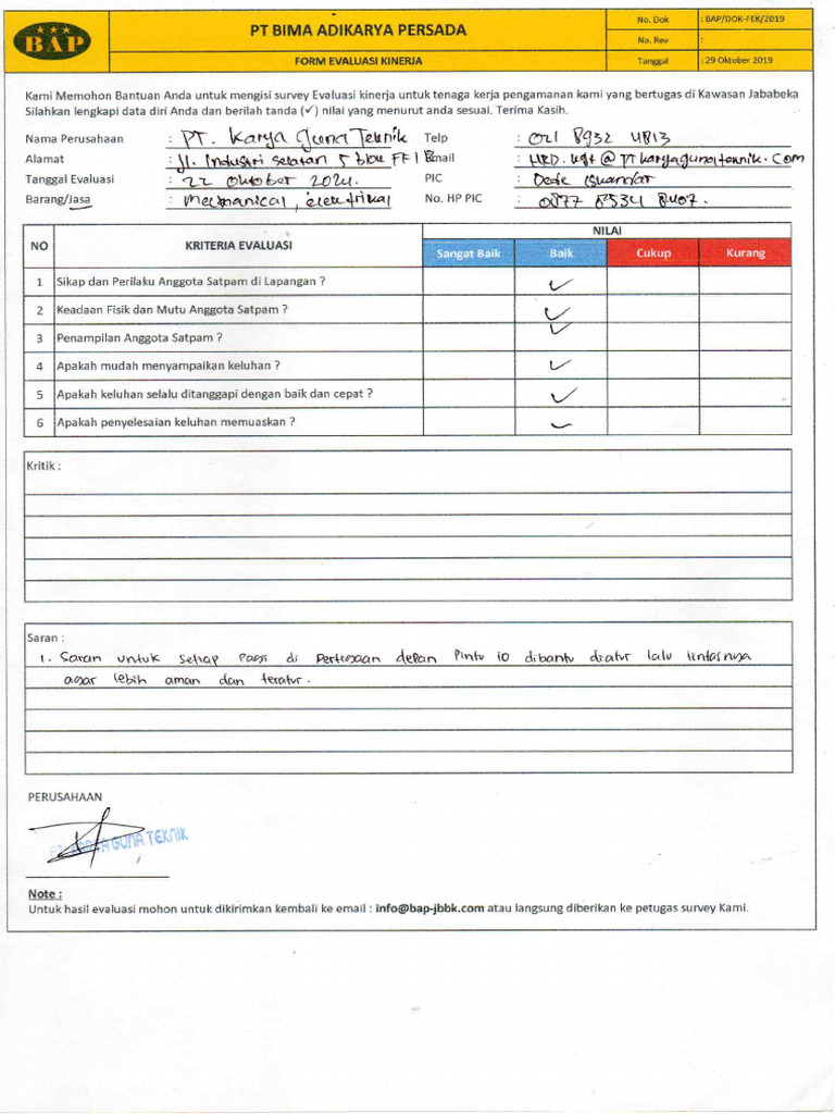 Form Evaluasi Kinerja Security Jababeka | PDF