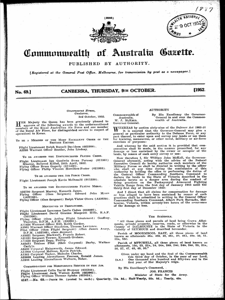 Commonwealth of Australia Gazette - 1952GN69 | PDF | Australia