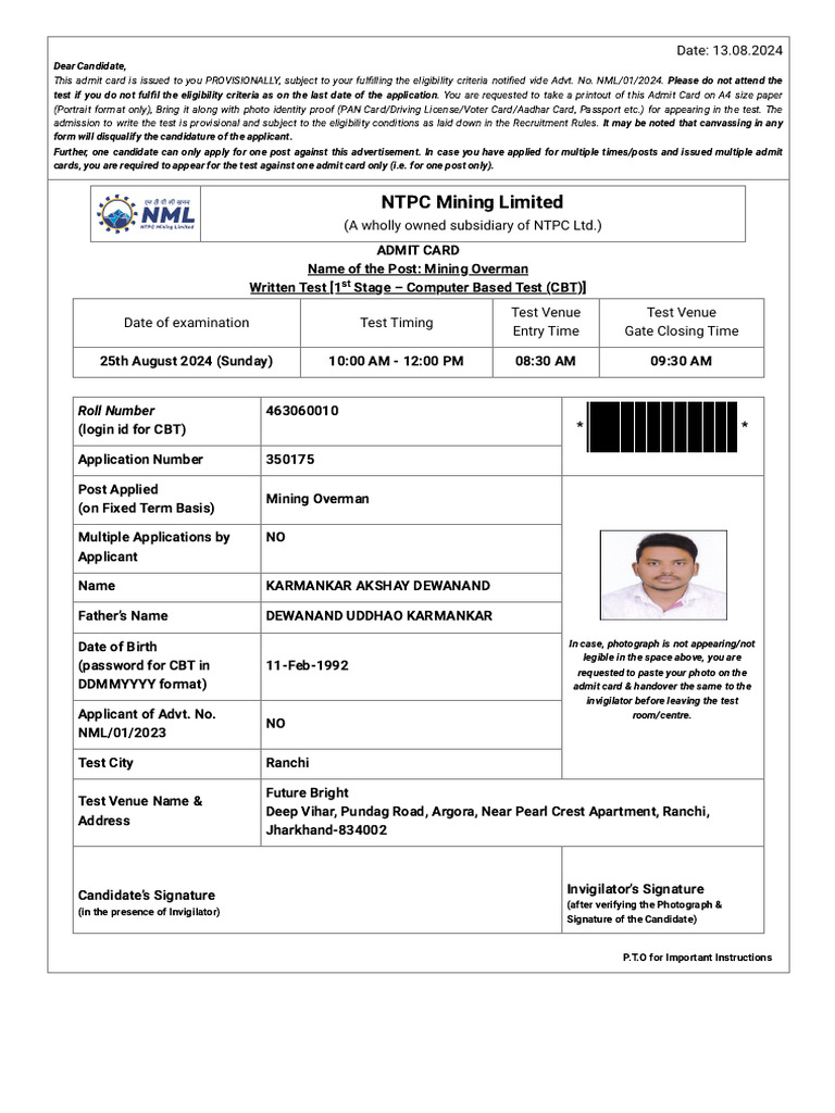 Nml-2024_ Admit Card | PDF
